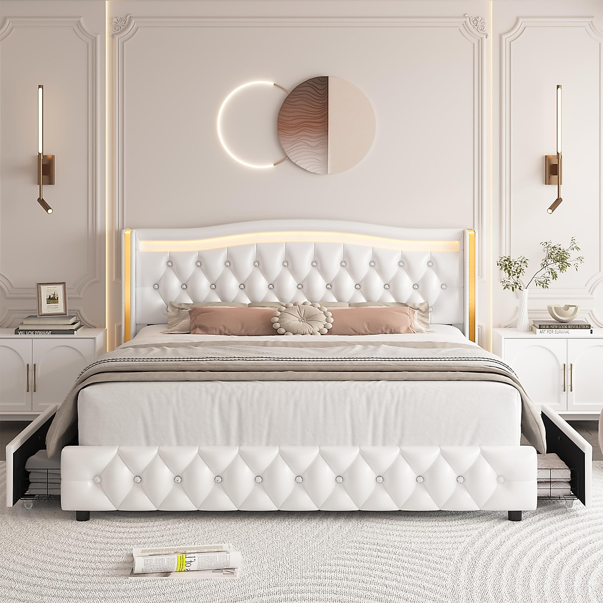 HIFIT Queen Smart LED Platform Bed Frame with 4 Storage Drawers, Crystal Button-Tufted & Stainless Gold Trim Wingback Headboard/Modern PU Upholstered White /No Box Spring Needed/Easy Assembly