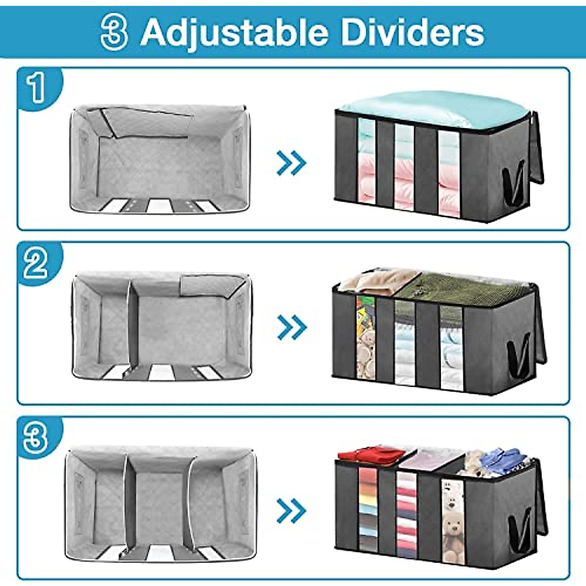 Large Capacity Storage Bags, 4 Pack Clothes Storage Bins, Foldable Closet Organizers with Handle, Thick Fabric and Sturdy Zipper for Comforters, Blankets, Bedding (Light Grey)