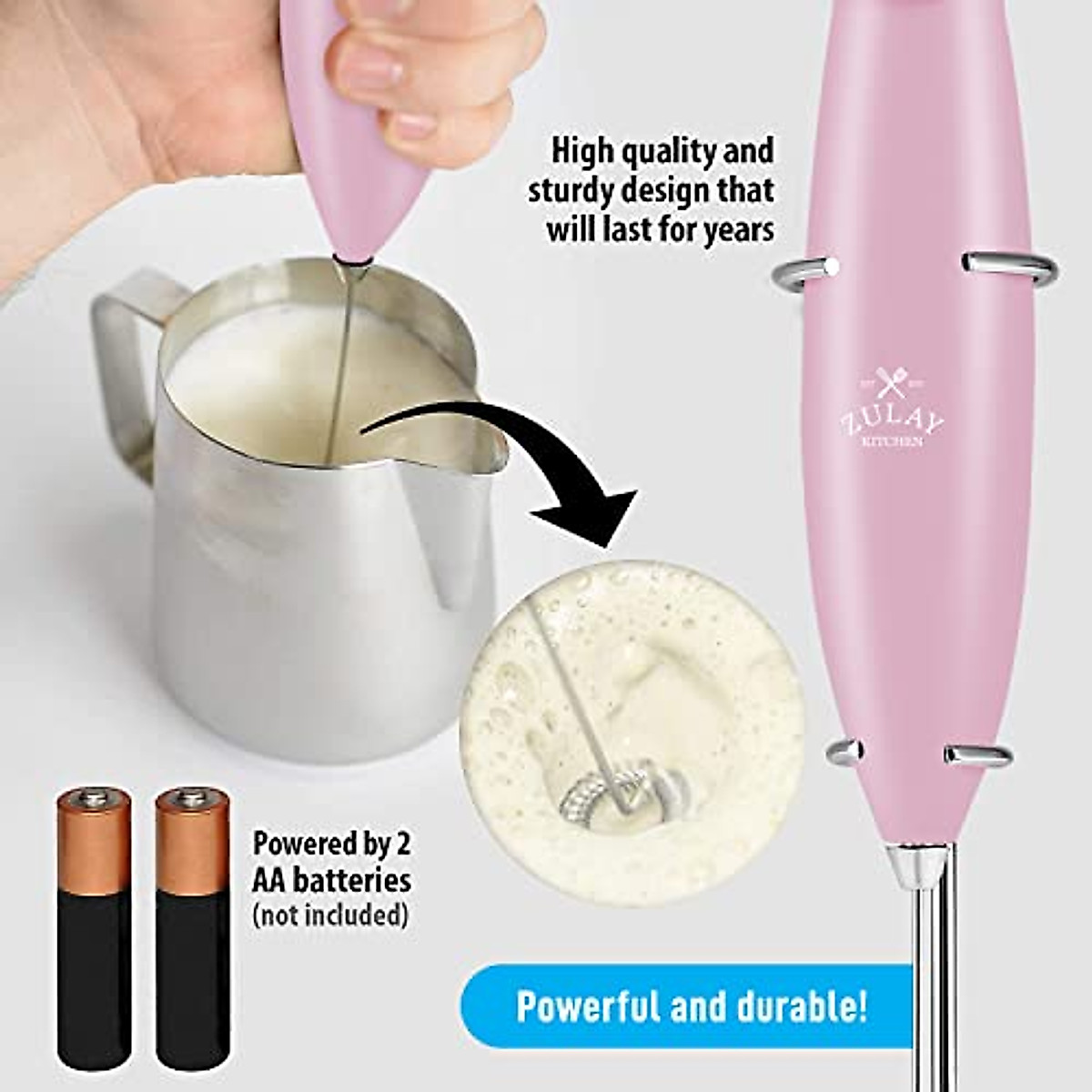 Zulay Kitchen Premium Gift Milk Frother Complete Set - Handheld Foam Maker, Stencils & Frother Set - Whisk Drink Mixer for Coffee - Mini Blender for Cappuccino, Frappe