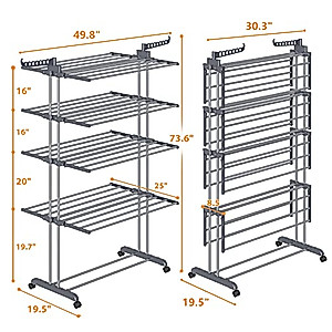 Raybee Clothes Drying Rack Folding Indoor 5-Tier 73.6" H Laundry Drying Rack Oversized Drying Rack Clothing Foldable Clothes Rack Drying with Wheels Outdoor Use