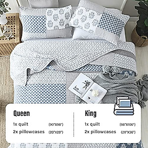 Y-PLWOMEN Quilt King Size 100% Cotton King Size Quilt, Blue Farmhouse King Bedspreads, Lightweight Soft King Quilt Sets for All Season, 3 Piece