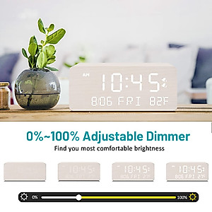 Andoolex Wooden Digital Alarm Clock with Wireless Charging, 0-100% Adjustable Brightness Dimmer and Volume, Weekday/Weekend Mode, Dual Alarm, Snooze, 12/24H, Wood LED Clock for Bedroom (White)