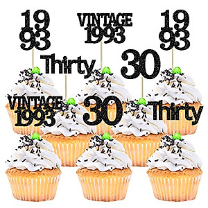 Gyufise 24Pcs Vintage 1993 Cupcake Toppers Cheers to 30 Fabulous Thirty Cupcake Picks Decorations for 30th Birthday Wedding Anniversary Party Supplies Black