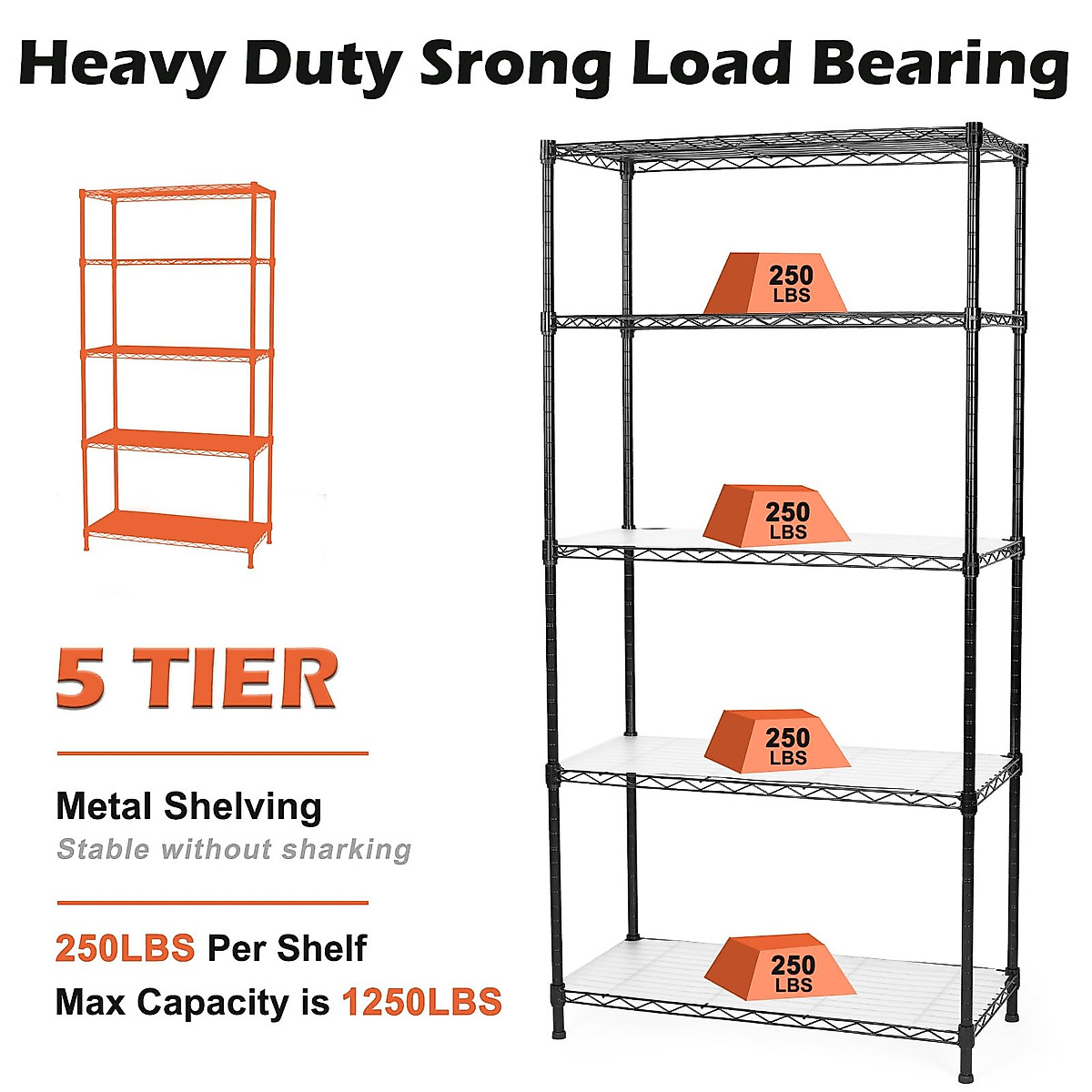WDT 5 Tier Shelf Shelving Unit with Liners,Adjustable Metal Shelves for Storage, NSF Certified Wire Shelving Rack,1250bs Capacity Storage Shelves for Kitchen Garage,14" D×30" W×60" H