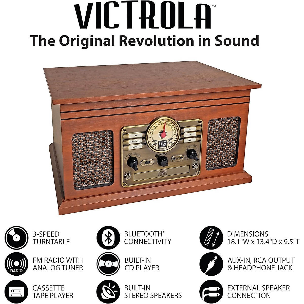 Victrola Nostalgic 6-in-1 Bluetooth Record Player & Multimedia Center with Built-in Speakers - 3-Speed Turntable, CD & Cassette Player, FM Radio | Wireless Music Streaming | Mahogany