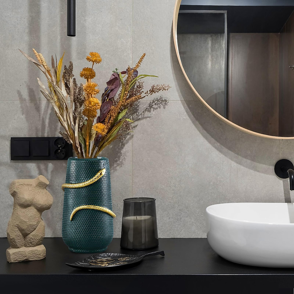 Flower Vase 8 Inch Green and Gold Snake vases for Decor, Unique Flower Vase for Bookshelf, Dinner Table, Living Room, Mantel, Halloween Decor (Upgraded) 1 pc.