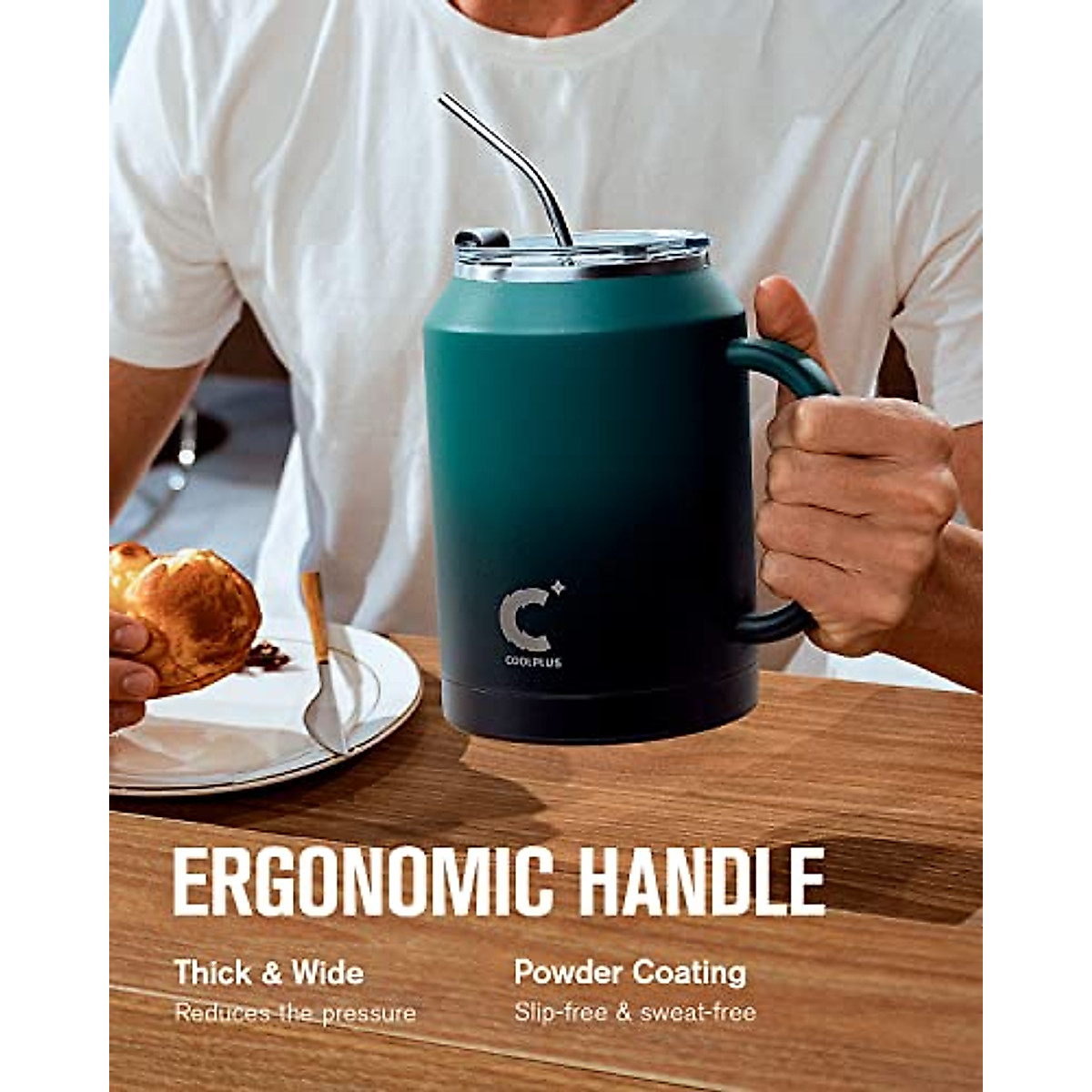 Coolplus 50 oz Mug Tumbler with Handle and Straw, Large Stainless Steel Travel Insulated Water Cup with 2-in-1 Lid, Double Wall Metal Keep Cold 36 hrs, Sweet Proof BPA-Free, Indigo Crush