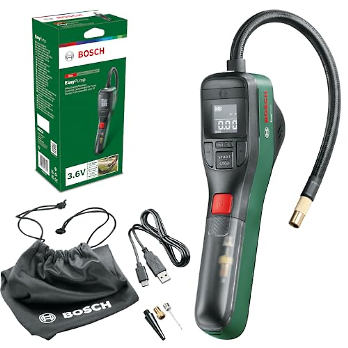 Bosch Home and Garden Electric Air Pump Mini Compressor EasyPump (3.0 Ah battery, 3.6 Volt, 150 PSI, 10.3 bar, LED, in carton packaging)