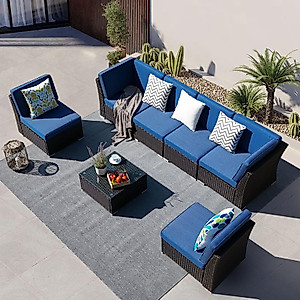 TiuBroe 7 Pieces Patio Furniture Sets, Outdoor PE Rattan Sectional Sofa Conversation Set, All Weather Conversation Set w/6 Seat Cushions and 1 Coffee Table (Light Gray)