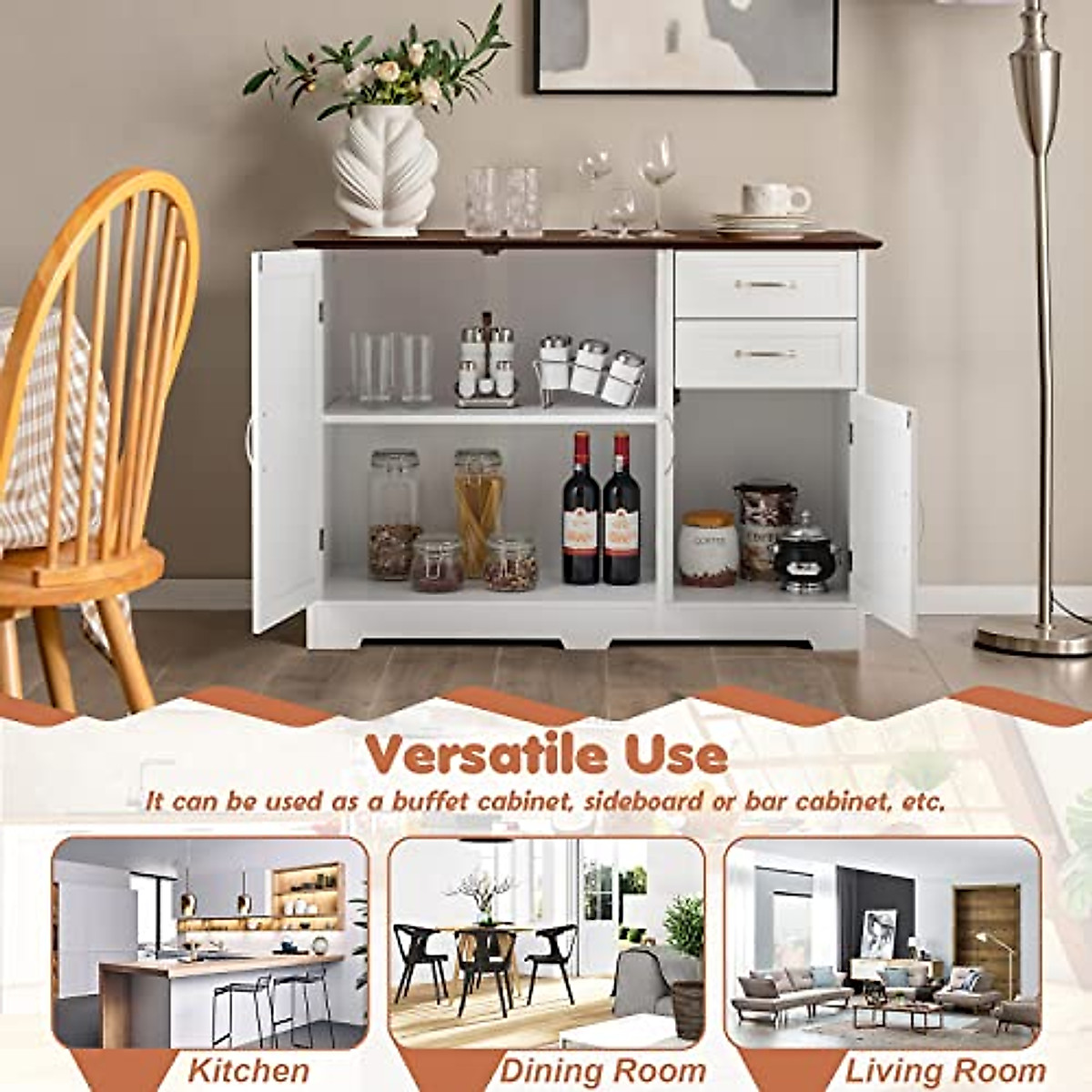 LOKO Buffet Cabinet with Storage, Modern Bar Cabinet with 3 Doors, 2 Drawers & Adjustable Shelf, Kitchen Sideboard Cabinet Console Table for Living Room, 43.5 x 16 x 31 Inches (White)