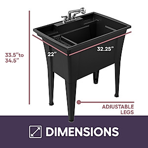 Utility Sink with Two-Handle Chrome plastic Faucet – 32” Utility Sinks for Laundry Room, Garage, Garden, Basement – Noah William Home Indoor and Outdoor Polypropylene Basement Wash Tub (Black)