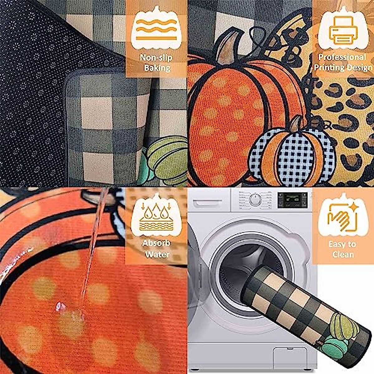 Fall Kitchen Rugs and Mats Set of 2, Thanksgiving Kitchen Rug Non Slip Backing Fall Decorations for Home Seasonal Farmhouse Fall Holiday Autumn Harvest Low-Profile Kitchen Floor Mat 17"X47"+17"X30"