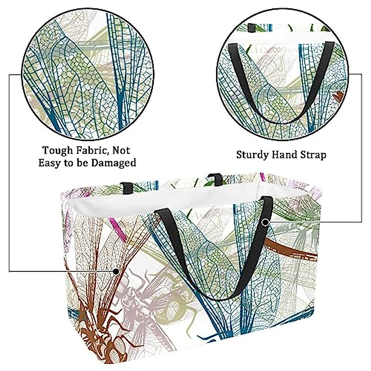 KQNZT Reusable Grocery Bags, Large Foldable Reusable Shopping Tote Bags Bulk for Groceries, Waterproof Kitchen Cloth Produce Bags with Long Handles, Retro Colored Dragonfly
