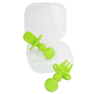 2 Pcs Baby Spoons Self Feeding 6 Months, Silicone Baby Spoons First Stage and Baby Fork, Toddler Utensils for Baby Led Weaning with 1 Case (Green))