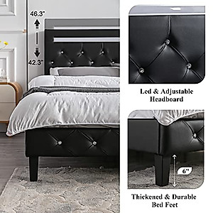 Benevika Queen Size Bed Frame with LED Light Leather Platform Bed Frame with Adjustable Upholstered Headboard, Over 60000 Colors, APP Control LED Lights, No Box Spring Needed, Black