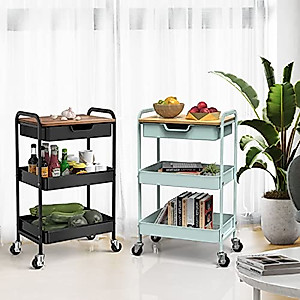 Aratan Utility Rolling Cart with Table Top, 3 Tier Metal Storage Cart with Drawer, Kitchen Organizer Cart with Handle and Locking Wheels for Bathroom Office Balcony Living Room (Light Green)