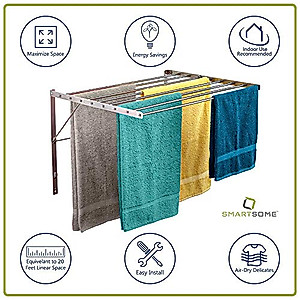 Smartsome | Wall Mounted | Clothes Drying Rack| 22" Wide |15 Linear Feet Capacity | 8 Smooth Round Stainless Steel Rods | 60 lb Capacity | Fully Assembled | Compact Sturdy Space-Saving Design