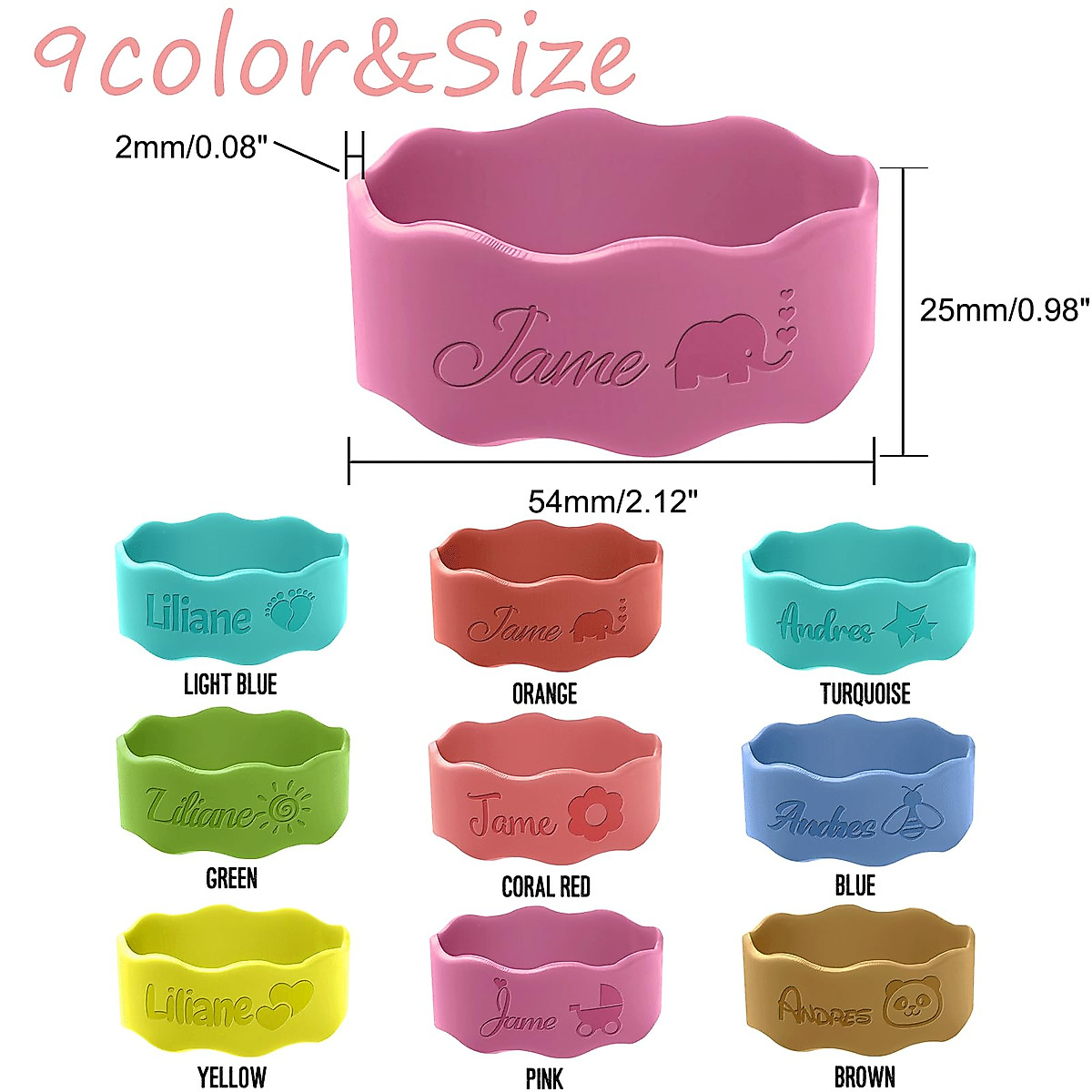 Personalized Baby Bottle Labels for Daycare Custom Water Bottle Name Bands Customized Engraved Silicone Baby Reusable Bottle Straps Labels for Cups School-Pink