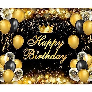 Laeacco Happy Birthday Backdrop 10x8FT Black and Gold Birthday Photography Backdrops Balloons Glitter Bokeh Spots Birthday Party Decor Cake Table Banner Kids Adults Portrait Photo Studio Shoot Props