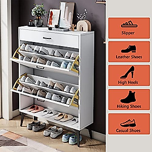 ME2 Shoe Cabinet for Entryway with 1 Slide Drawer & 2 Flip Drawers, Freestanding Shoe Rack Storage Organizer (White)