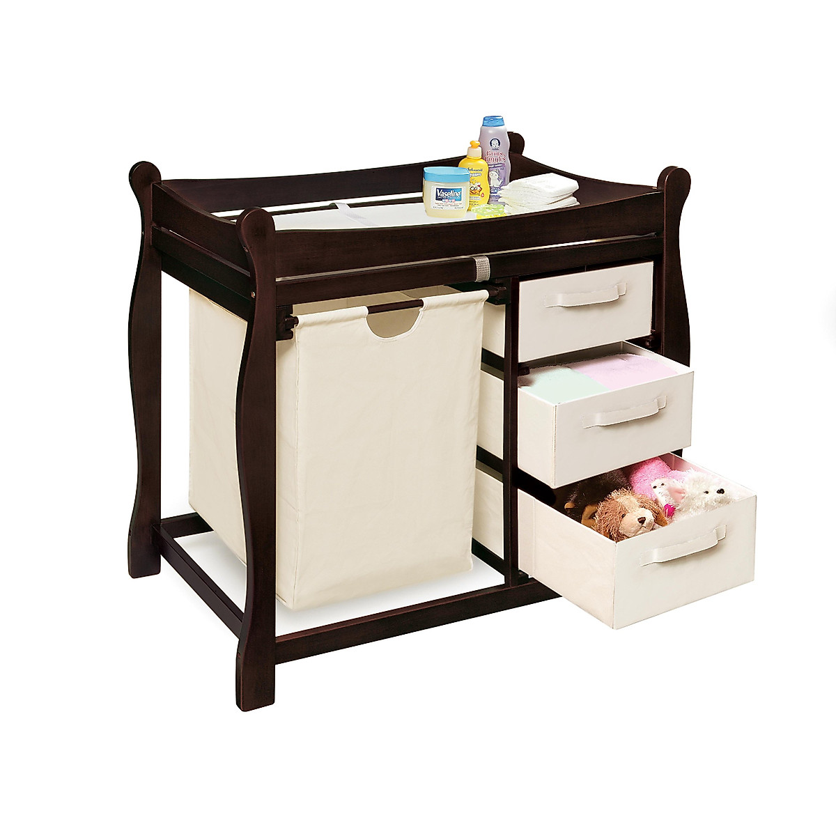 Sleigh Style Baby Changing Table with Laundry Hamper and 3 Storage Baskets
