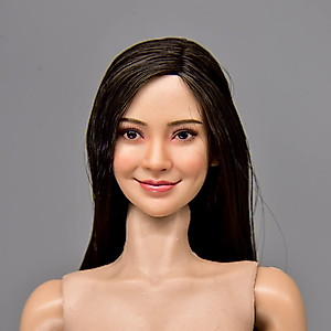 1/6 Scale Female Head Sculpt,Beauty Asian Girl Planted Hair Head Carved for 12inch Action Figure Body Doll (Black Straight Hair)