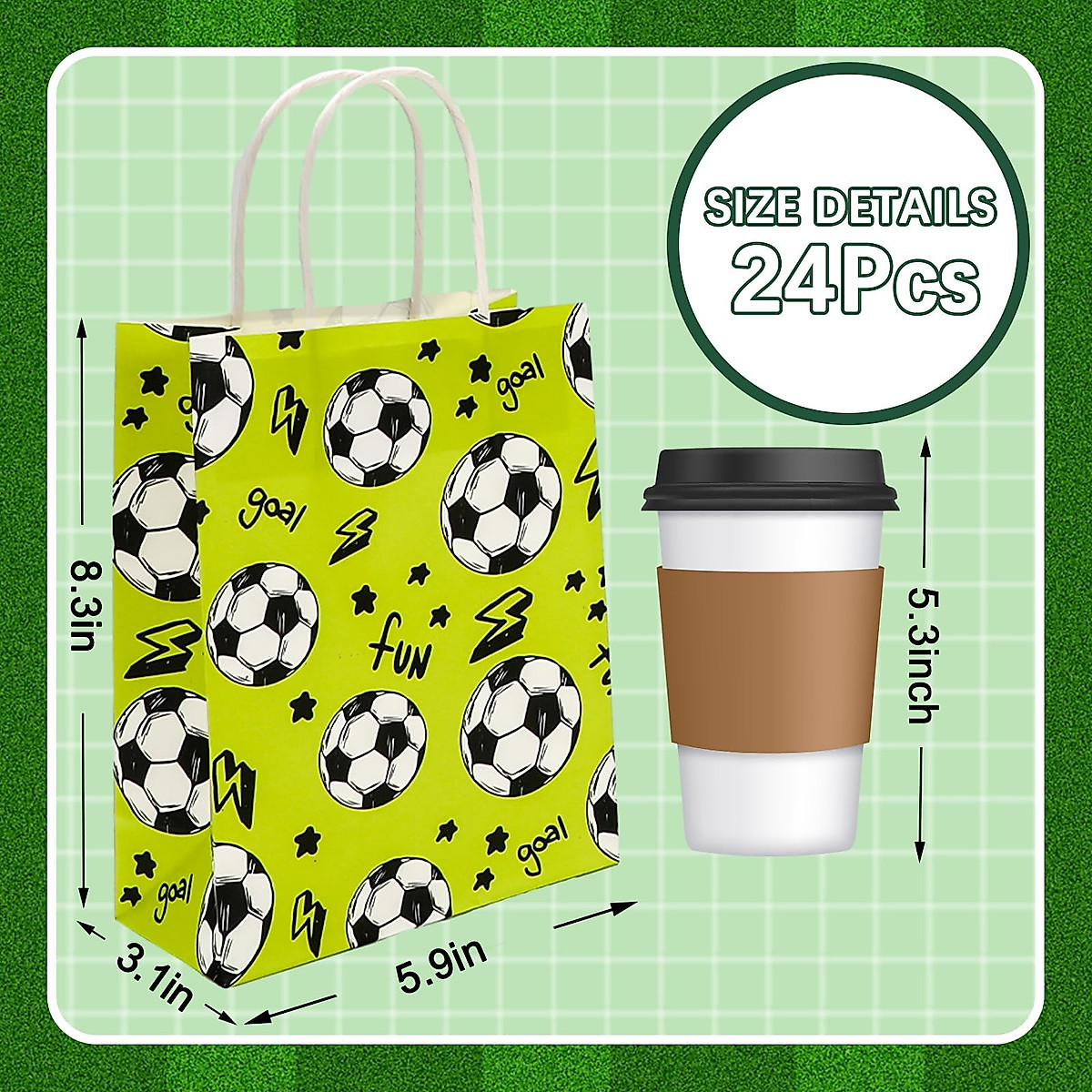 Whaline 24Pcs Soccer Paper Gift Bags with Handles Sports Party Favor Bags Soccer Ball Print Candy Goodie Treat Bags for Game Day Sports Events Birthday Party Supplies