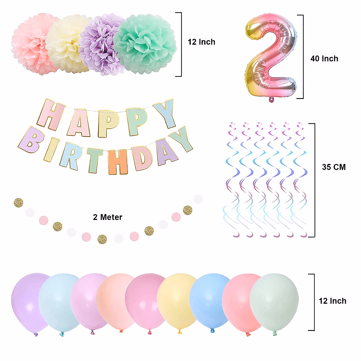 BRT Bearingshui 2th Birthday Decorations, 40 Inch Rainbow Gradient Number 2 Balloon, 2th Birthday Balloon, Happy Birthday Banner, Children’s 2th Birthday Party Supplies for Kids