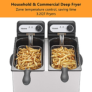 3000W Commercial Electric Deep Fryer With Baskets & Lids,2x3L Stainless Steel Double Deep Fryer,Small Deep Fryer With Basket,Temperature Control,Overheat Protection