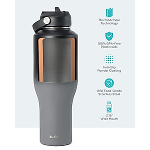BUZIO 40 oz Insulated Water Bottle Tumbler with Straw and Lids (2 Lids), 40oz Stainless Steel Water Bottles Fits in Any Car Cup Holders, Large Capacity Metal Coldest Flask, Cupholder Friendly, Shadow