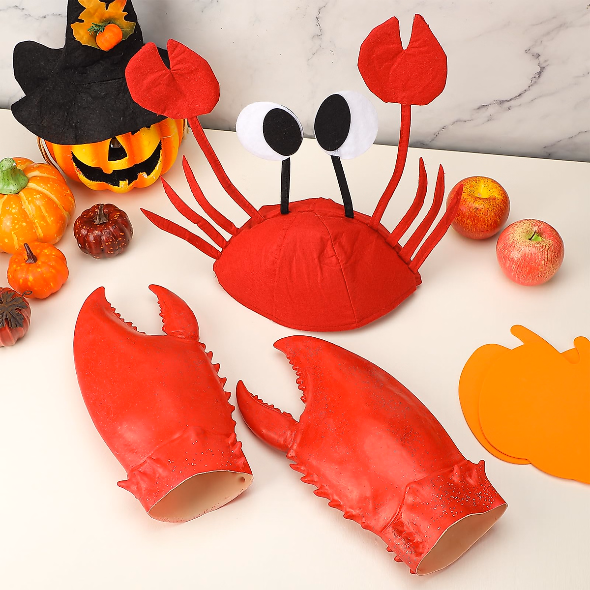 Newcotte 2 Pcs Halloween Crab Lobster Costume Set Funny Hat Latex Giant Crab Claws Gloves for Men Women Cosplay Party(Crab Style)