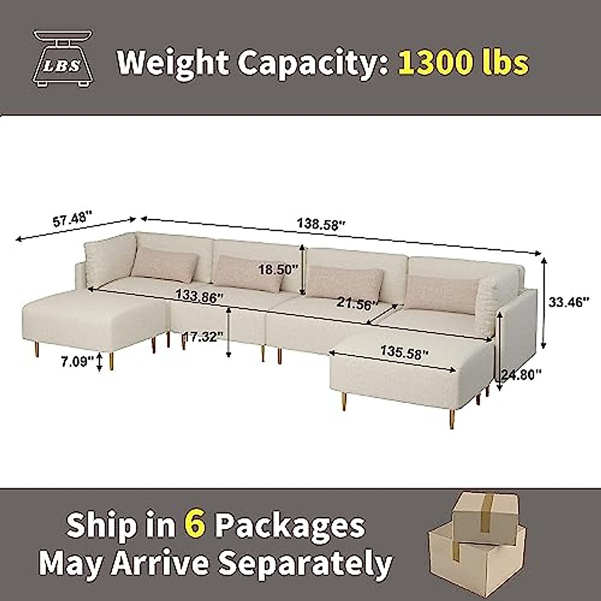 MGH 143''Convertible Sectional Sofa , Modern Linen Fabric U-Shape Modular Couch 4-Seat Sofa Sectional with Reversible Ottomans for Apartment Living Room Furniture Sets, Beige (HQ-023B)