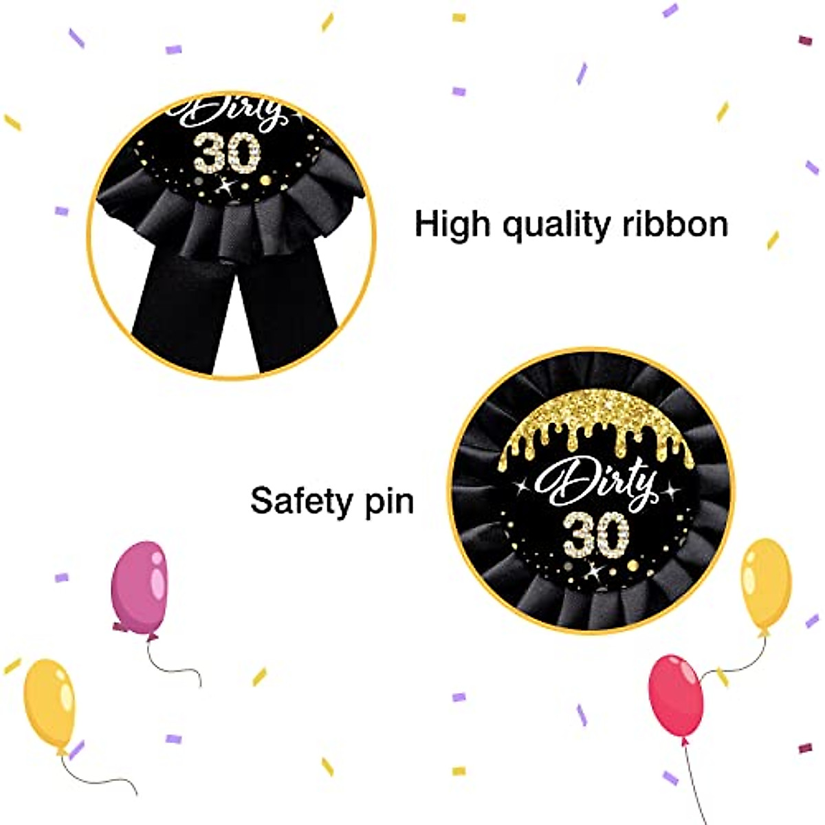 Dirty 30 Pin, Happy 30th Birthday Tinplate Badge Pin, 30 Years Old Birthday Black Corsage Rosette Button Pin Party Decorations - 1Pcs
