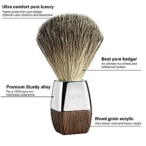 GRUTTI Premium Shaving Brush Set with Luxury Badger Brush, Soap Bowl and Manual Mens Razor, Shave Stand Holder Compatible with Fusion 5, Best Gift for Men- Wooden Handle
