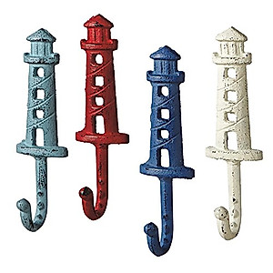 Lighthouses - Antique Style Weathered Wall Hooks Set of 4 - Aqua, Red, Blue, White
