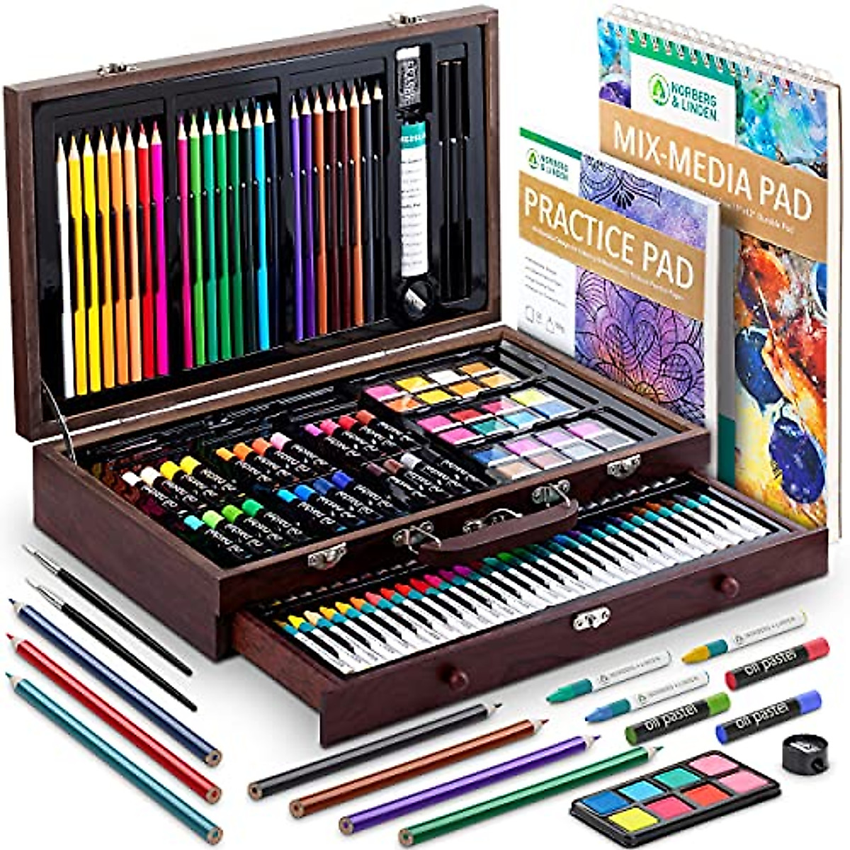 Norberg & Linden Art Supplies, XXL144 Art Set in Deluxe Wooden Box with Drawer Includes Crayons, Oil Pastels, Watercolor Paints, Colored Pencils, Sharpener, Sketch Pad for Adults and Kids