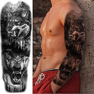 Briyhose Lion Wolf Temporary Tattoo Sleeve, Large Full Arm Animal Tribal Fake Tattoos Sleeve For Men Women Adult, Long Lasting Black Arm Temp Tatoo Sticker Leg Body Art Makeup, 4-Sheet
