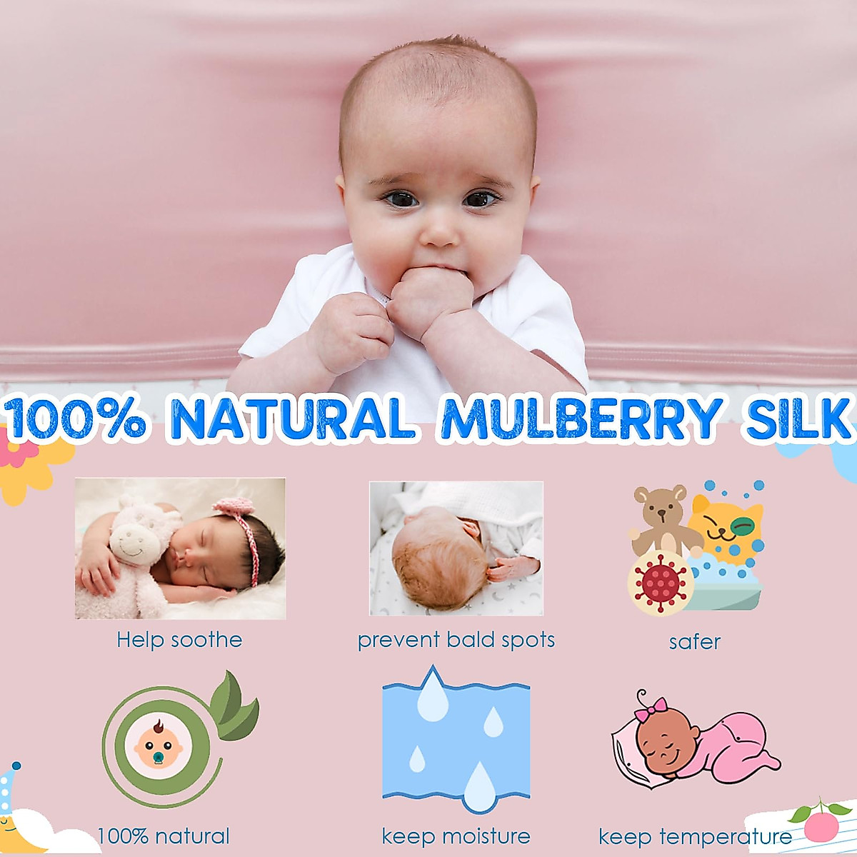 PROMEED 100% Mulberry Silk Crib Sheet for Baby Hair, 23 Momme Silk Bassinet Slip for Baby Bald Spots, Soft and Safe Silk Cot Sleeve for Everyday Use (Pink)