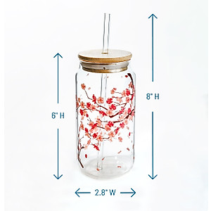 Aesthetic Cherry Blossom Glass Cup with Lid and Straw - Cute Coffee, Latte, Matcha Tumbler 16 oz - Floral Iced Coffee Cup - Preppy Birthday Gift for Women, Best Friends, Mom, Bridesmaid, Coffee Lover