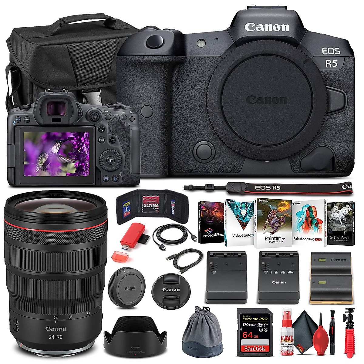Canon EOS R5 Mirrorless Digital Camera (Body Only) (4147C002), Canon RF 24-70mm Lens, 64GB Memory Card, Case, Corel Photo Software, LPE6 Battery, External Charger, Card Reader + More (Renewed)