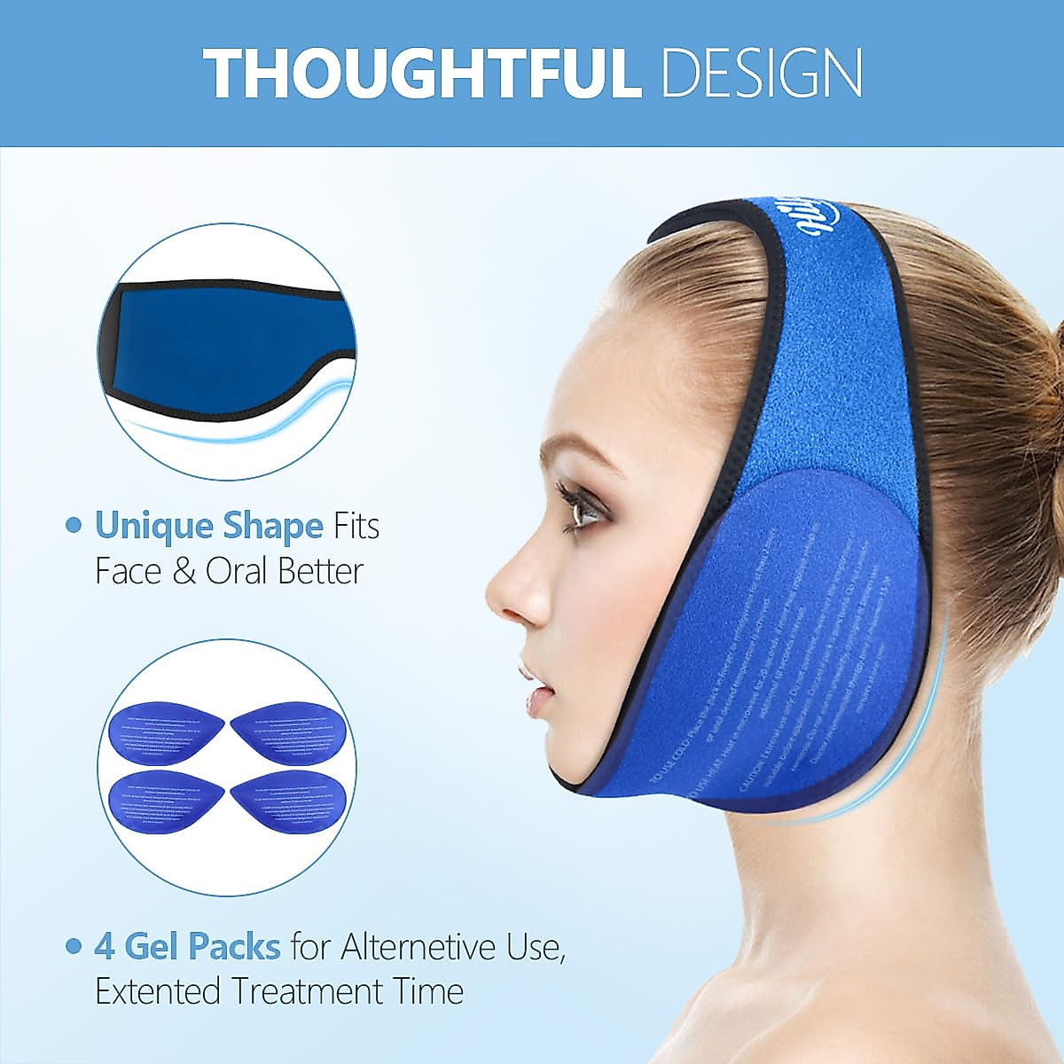 Hilph Wisdom Teeth Recovery Ice Pack Head Wrap. Adjustable Jaw Strap with 4 Replacement Hot Cold Packs for Dental, Chin, TMJ Relief, Oral Surgery, Tooth Extraction & Teeth Removed, Tonsillectomy Blue