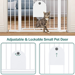 Newnice 40.6" -29.7" Auto Close Baby Gate with Small Cat Door, Easy Walk Thru & Durable Dog Pet Gates for Stairs, Doorway, House, Pressure Mounted Safety Child Gate Includes 4 Wall Cups