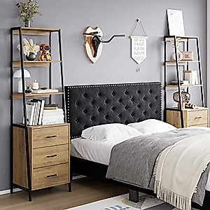 HITHOS Ladder Bookcase with 3 Fabric Drawers, 3 Tier Industrial Bookshelf, Freestanding Tall Nightstand Organizer Unit for Living Room, Bedroom, Office, Rustic Brown