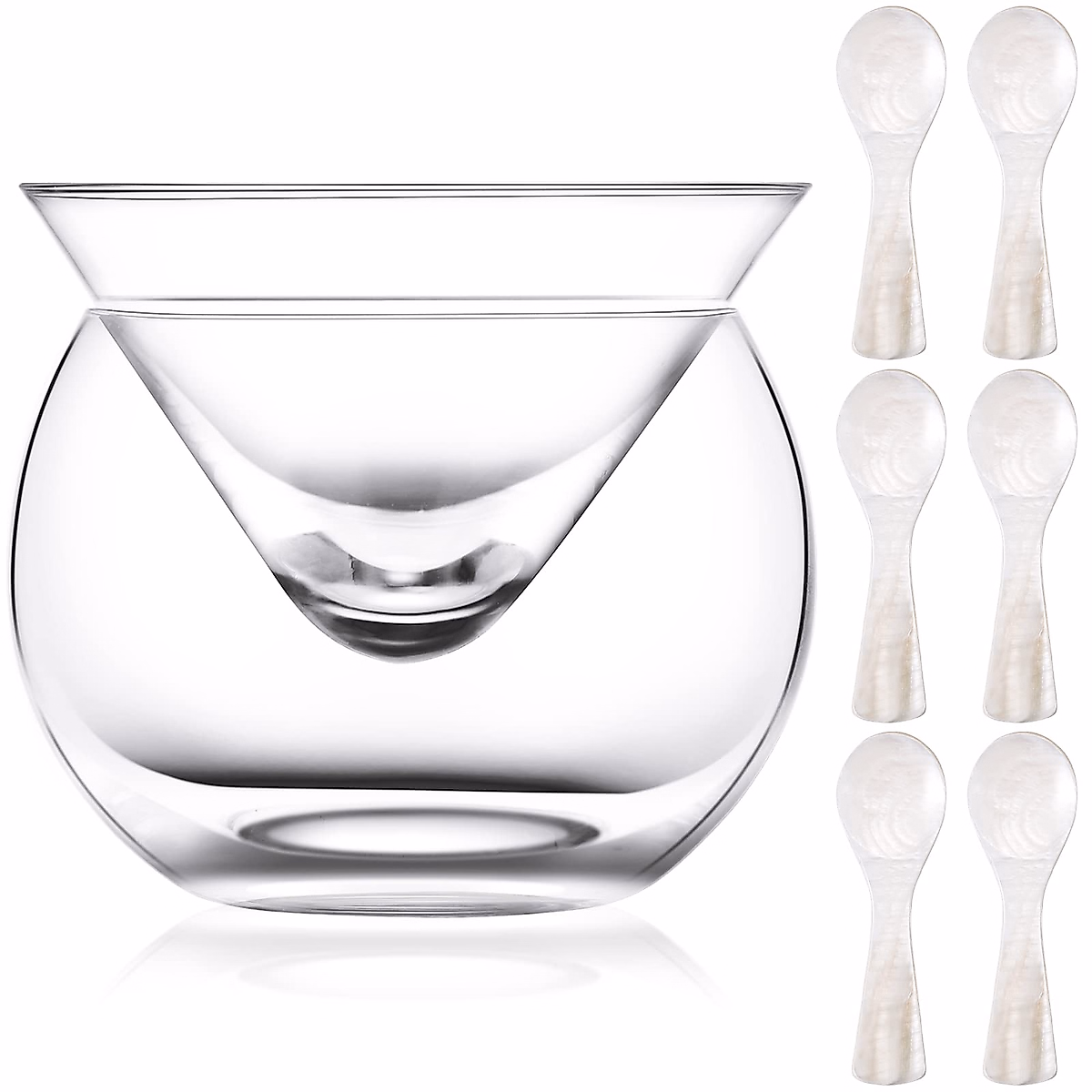 Glass Caviar Chiller Server Set Plus 6 Pcs Caviar Spoons Caviar Serving Set 2.76 to 3.54 Inches Mother of Pearl Spoon Shell Spoon Round Handle, Universal Martini, Wine, Liquor Cocktail Chiller