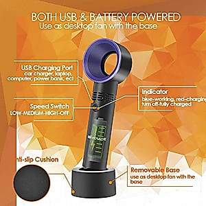 GIVERARE Bladeless Handheld Fan, Mini Portable Fan, USB Desk Fan, Personal Fan with USB Rechargeable Battery Operated, 3-6 Working Hours, 3 Speeds, for Kids Baby Travel Camping Office Room-Black