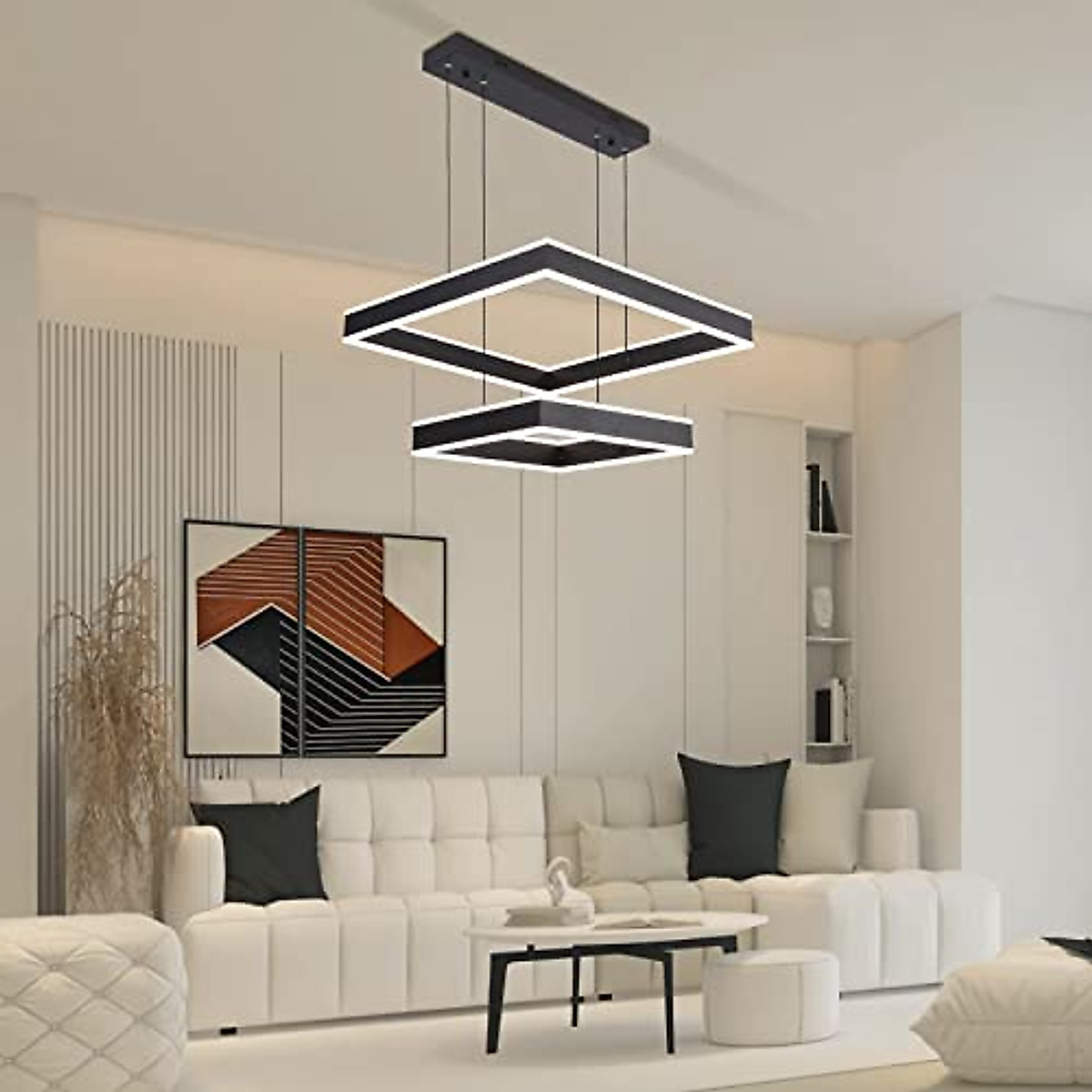 Behsig Modern Chandelier,Modern Led Chandelier,2 Rings Square Chandelier for Living Room,Adjustable Height,Chandelier Lighting Fixture High Ceiling Hanging Dining Room LED Pendant Light