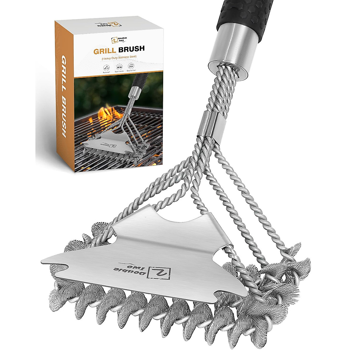 Double Two - Grill Brush with Scraper, Grill Brush for Outdoor Grill, No Bristle Grill Brush, Safe BBQ Grill Brush, Grill Cleaning Brush, BBQ Brush for Grill Cleaning, Barbecue Accessory