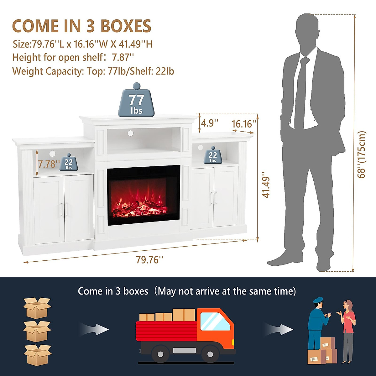 VINGLI Electric Fireplace with Mantel, Fireplace TV Stand for TVs Up to 85'', Modern Entertainment Center with Storage, TV Console with Shelves for Living Room and Bedroom (White, 79'' x 16'' x 41'')