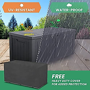 Large 120 Gallons Weather Resistant Outdoor Deck Box Lockable Patio Storage Box Outside Cushion Organization Storage Bench for Patio Cushions, Garden Tools and Pool Toys - Black. Free Patio Cover Included