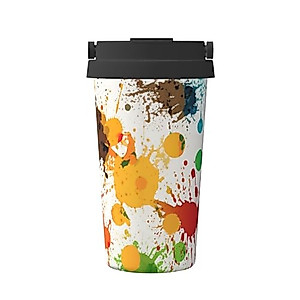 GTKSYNVE Reusable Coffee Mug with Lid and Handle, Abstract Paint Splashes Tumbler for Hot & Cold Drinks 16oz Stainless Steel Insulated Coffee Tumblers Double Wall Vacuum Thermal Cup